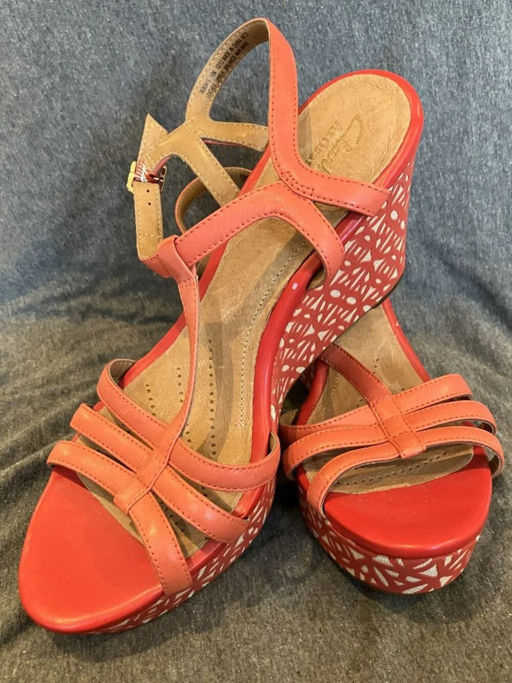 Clarks | Shoes | Clarks Artisan Red Leather Wedge Sandals Cutout ...